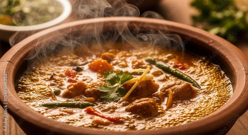 Authentic indian chicken curry recipe with steam in a clay pot for food ...