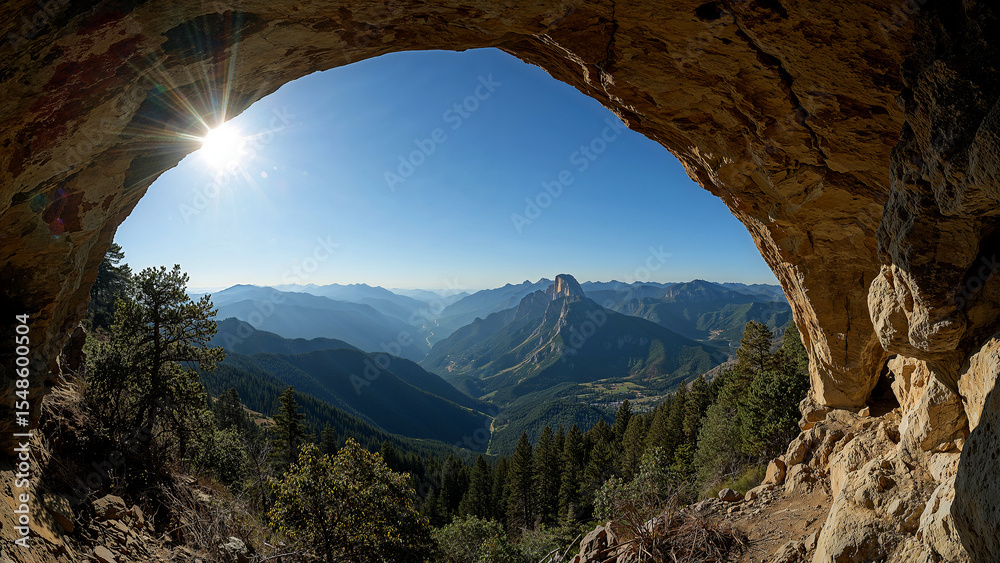 ภาพถ่าย Stock Cave Opening to Mountain Panorama - A breathtaking view ...