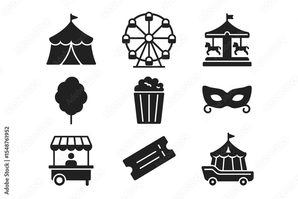 Amusement park outline icons - funfair, carnival, and festival symbols ...