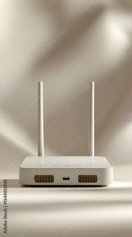 Modern, minimalist wireless router on a beige backdrop. It's a simple ...