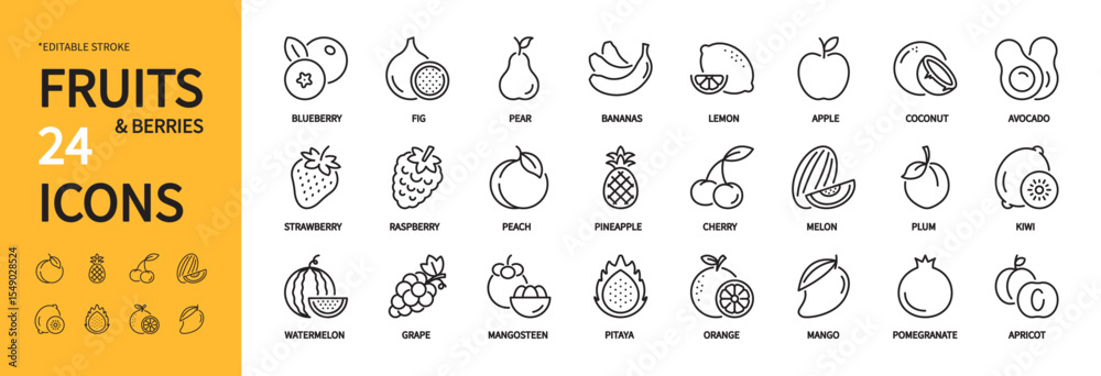 Fruits & berries icon set. Blueberry, pear, bananas, lemon, apple ...