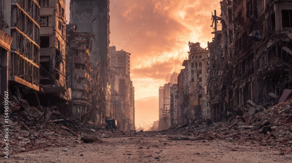 Stunning photo of empty street of burnt up city. Apocalyptic view of ...