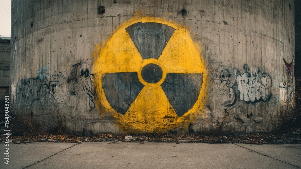 A round yellow radioactive symbol is painted on a large concrete wall ...