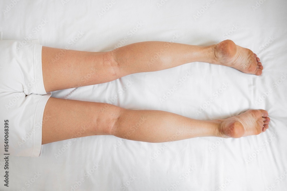 Fotografie top view of adult woman legs on medical bed, visible signs ...
