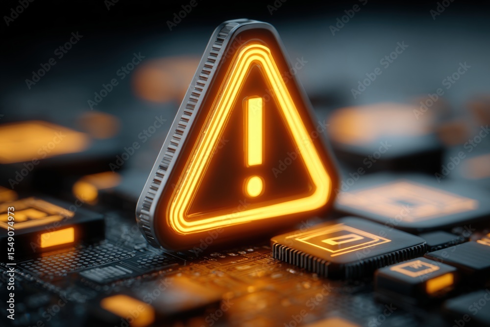 Glowing warning sign on electronic circuit board with warning triangle ...