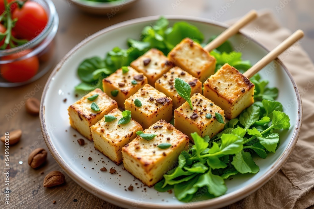 protein rich tofu skewers on snack plate with amino acid chain visuals ...