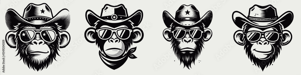 Monkey. Cowboy Western American Cartoon Animal Clipart Line Art Vector ...