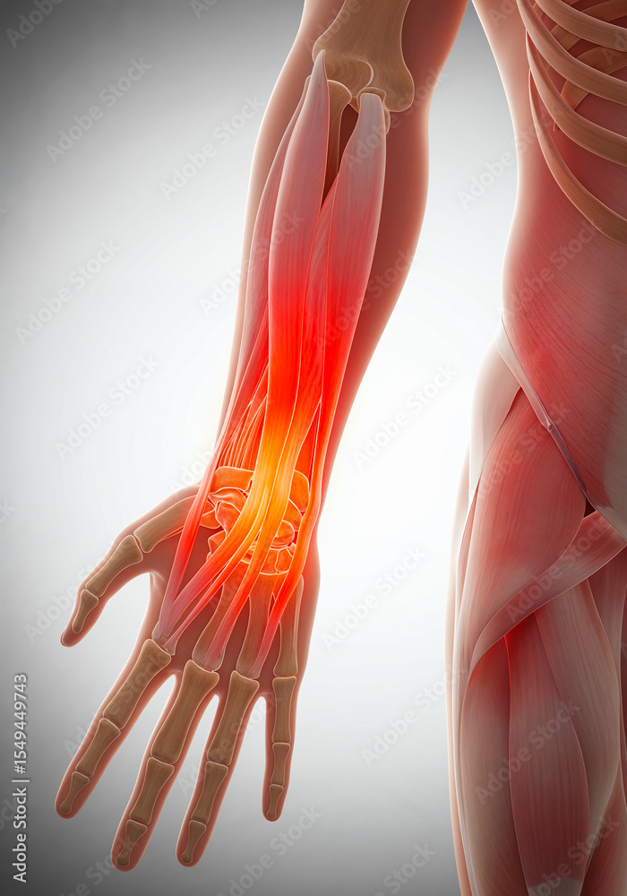 Wrist tendon inflammation shown in 3D illustration of human hand ...