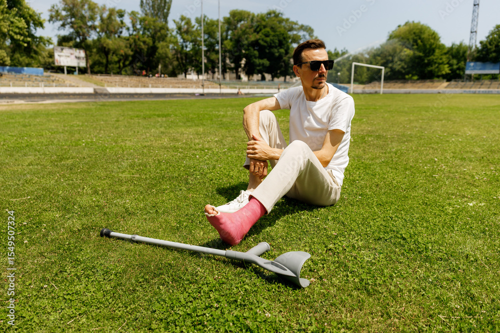 Leg in plaster man with broken leg in plaster injury of young athlete ...
