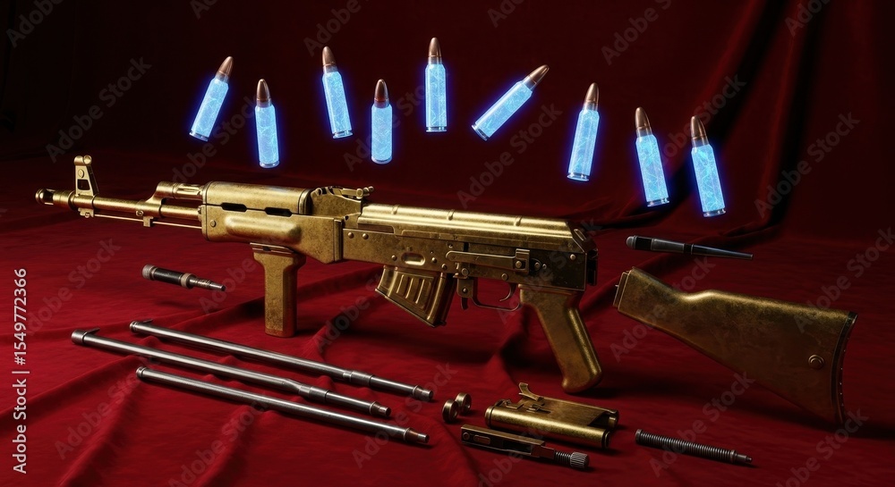 Antique gold plated ak 47 assault rifle disassembled with floating ...