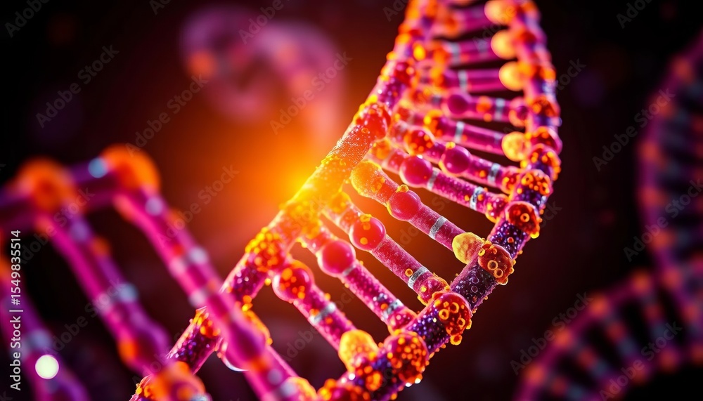 Microscopic view of DNA strands with thymine dimers highlighted ...