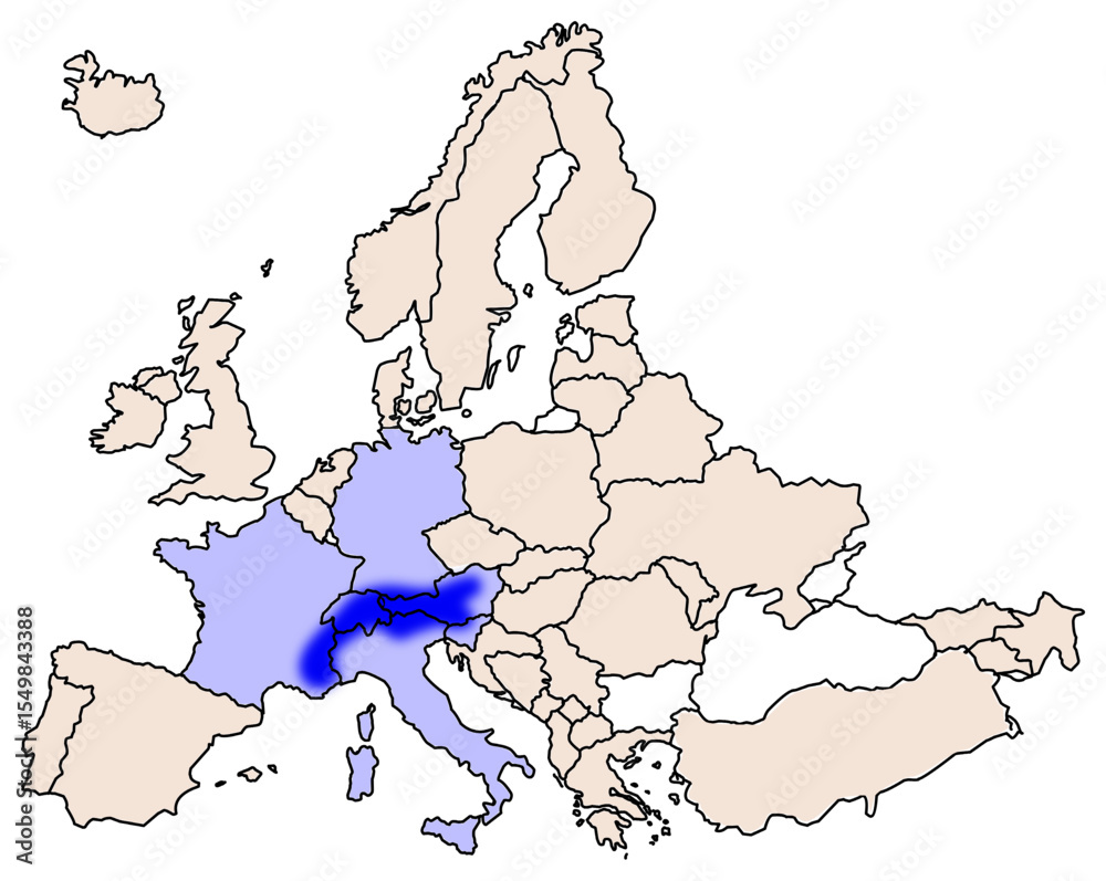 ALPS REGIONAL MAP, EUROPE MAP HIGHLIGHTING THE ALPS AND THE COUNTRIES ...