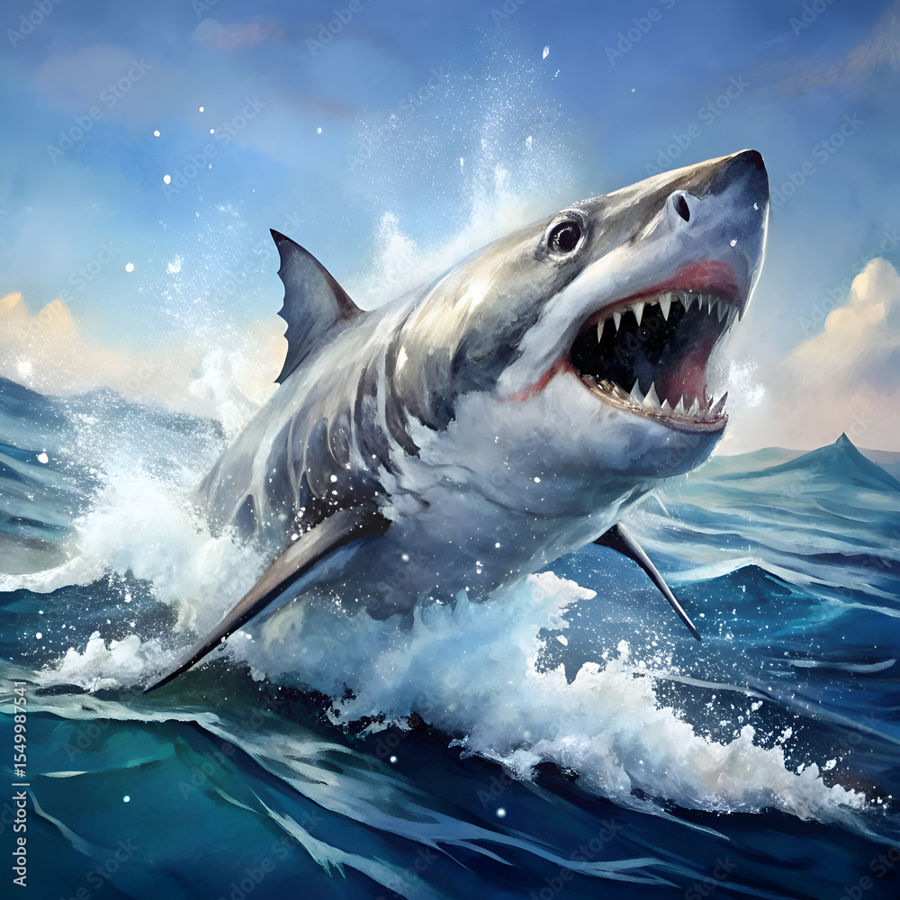 Great white shark leaping out of the water in a dynamic pose against a ...