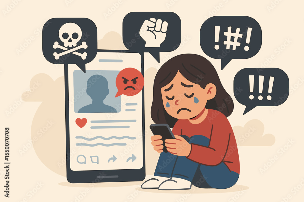 Vector de Stock Sad girl crying from online bullying, social media ...