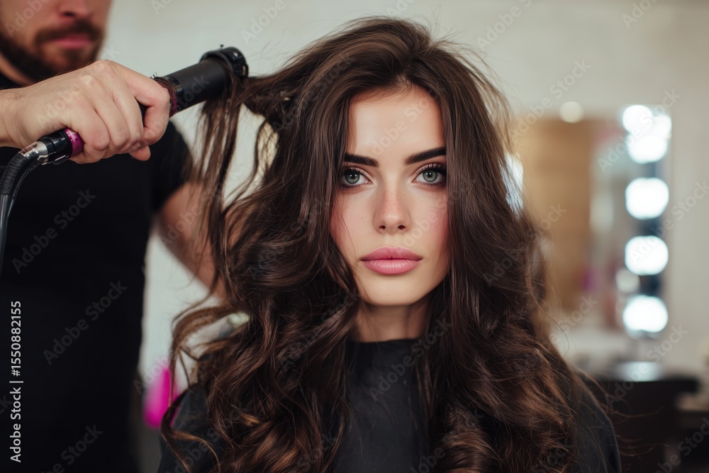 Beautiful woman having her hair styled by a professional hair stylist ...