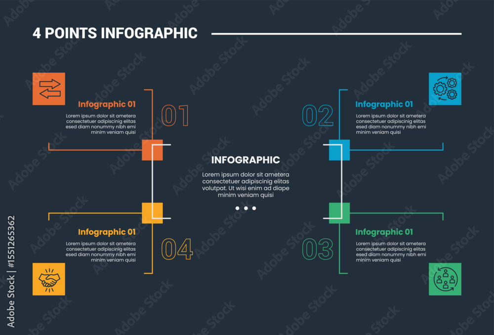 4 stage infographic process diagram with corners shape angles with dark background bright ...