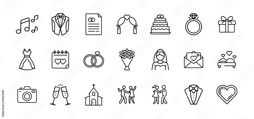 Wedding and marriage icon set. Vector line pictograms of bride, groom ...