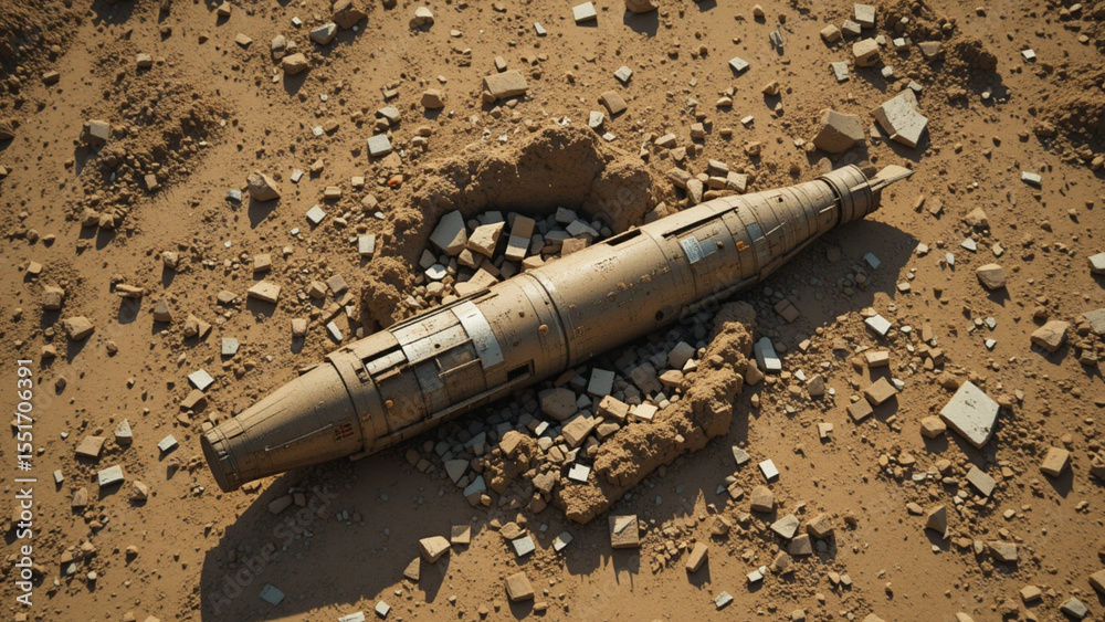 World War 3 Warhead Embedded in Ground Surrounded by Scattered Debris ...