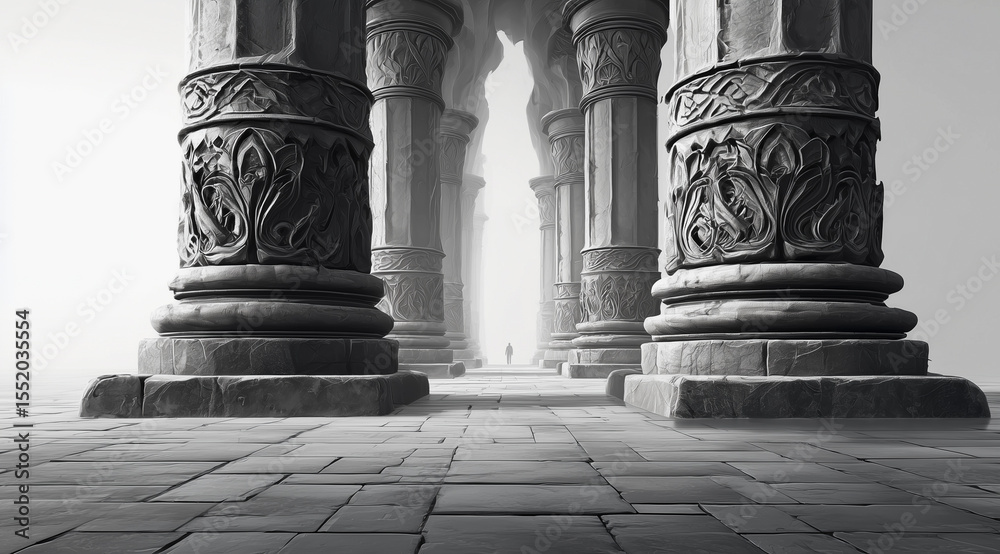 Grand stone pillars in fantasy temple corridor with intricate carvings ...