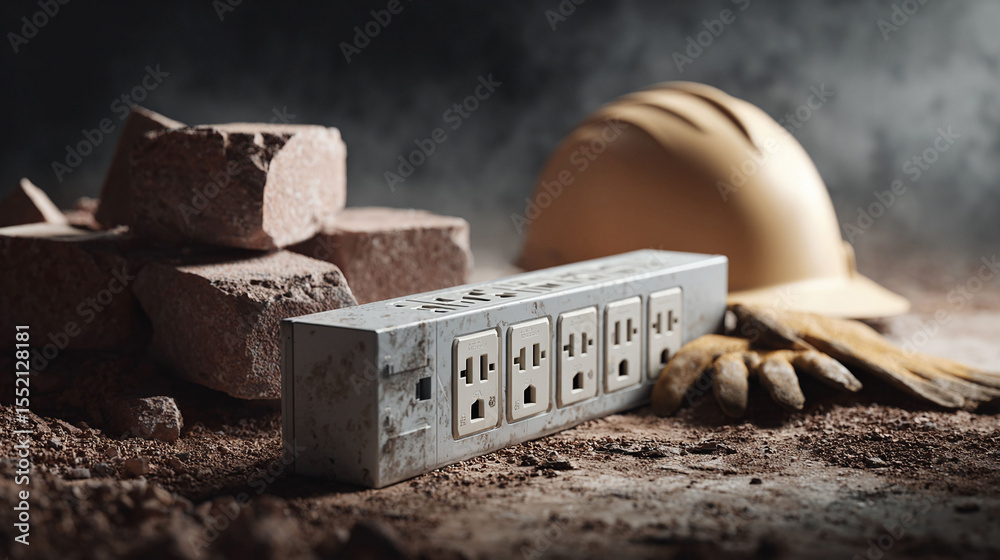 Conceptual construction site. Power outlet extension cord, helmet ...