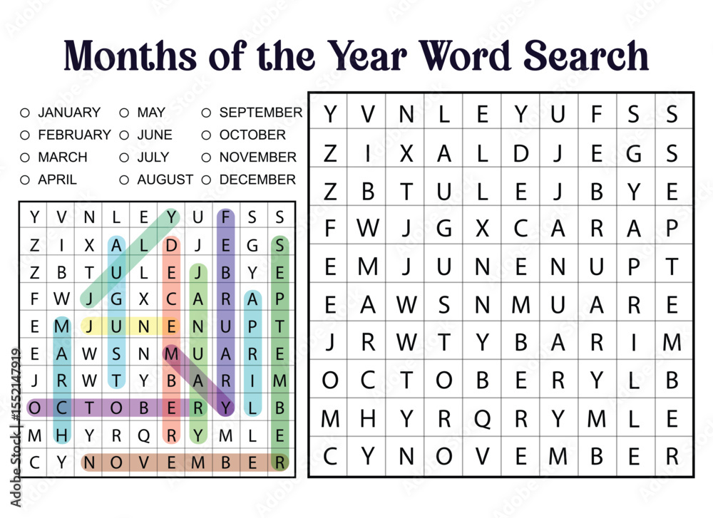 Months of the Year Word Search Puzzle with Answer Key Stock Vector ...
