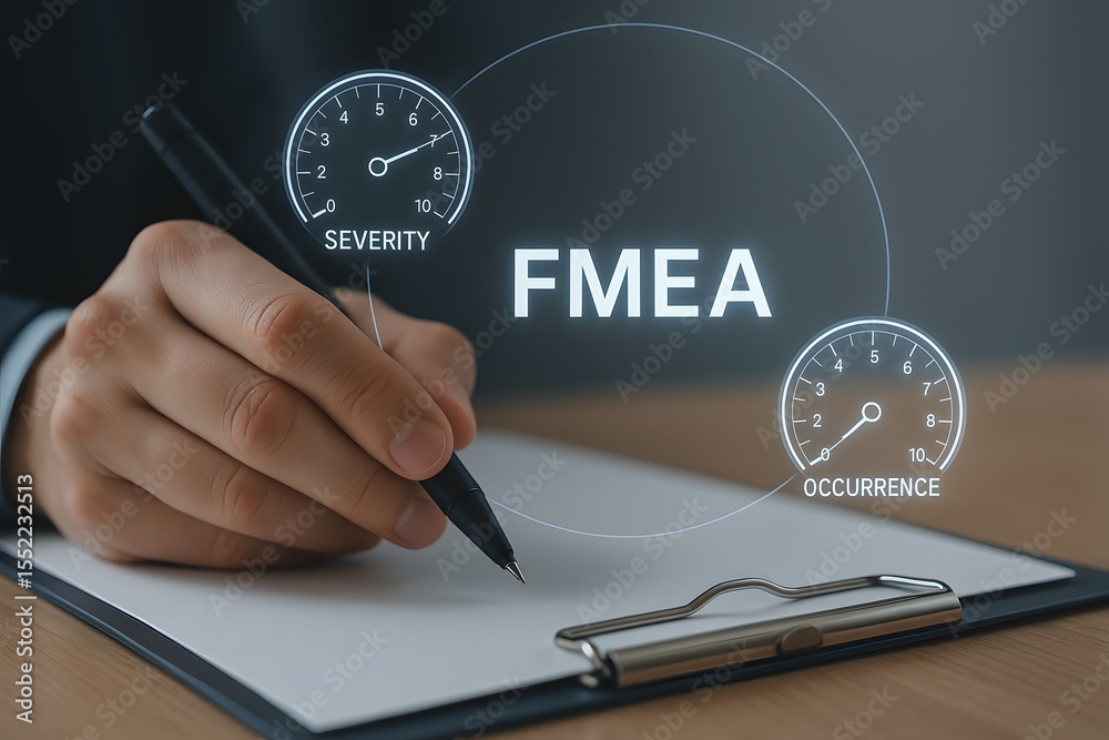 A close-up of a hand meticulously filling out a Failure Mode and ...
