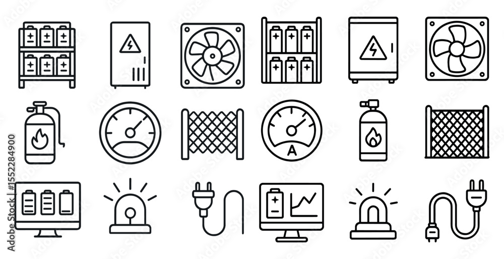 Collection of icons for various electronic devices and equipment. The ...