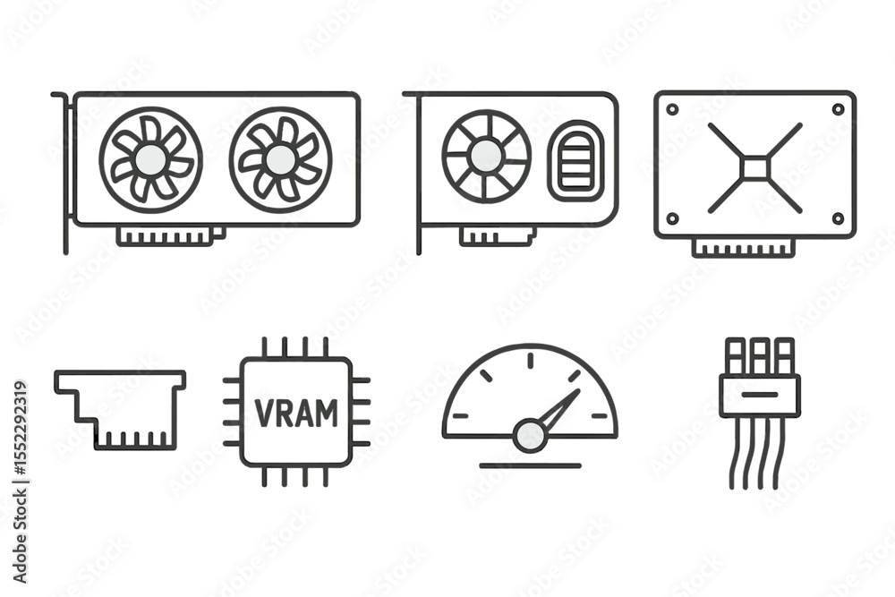 Line Style GPUs. Line style icons of graphic cards: single fan GPU ...