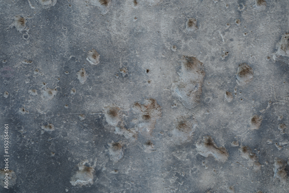 An abstract close-up photograph of a grey surface heavily scarred with ...