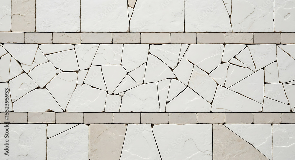 White stone mosaic tile with irregular shapes. Two horizontal bands of ...