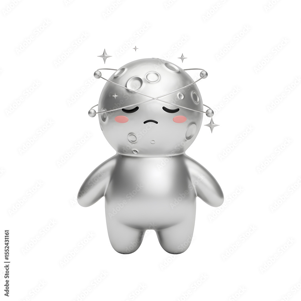 Cute 3D rendered character in silver color shows dizziness. It is a ...