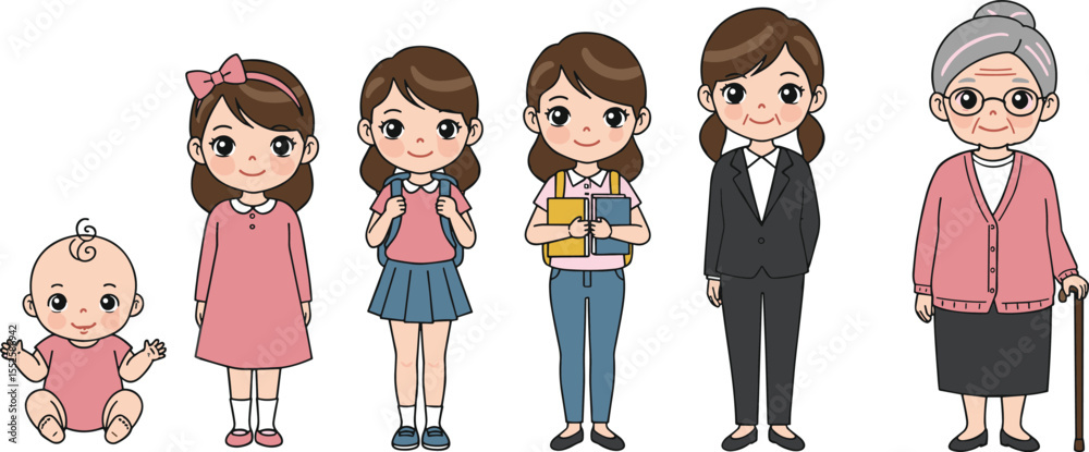 Female character life stages from baby to elderly woman, cartoon ...