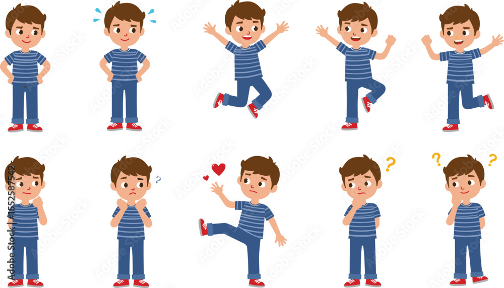 Cartoon boy character expressing various emotions and actions, vector ...