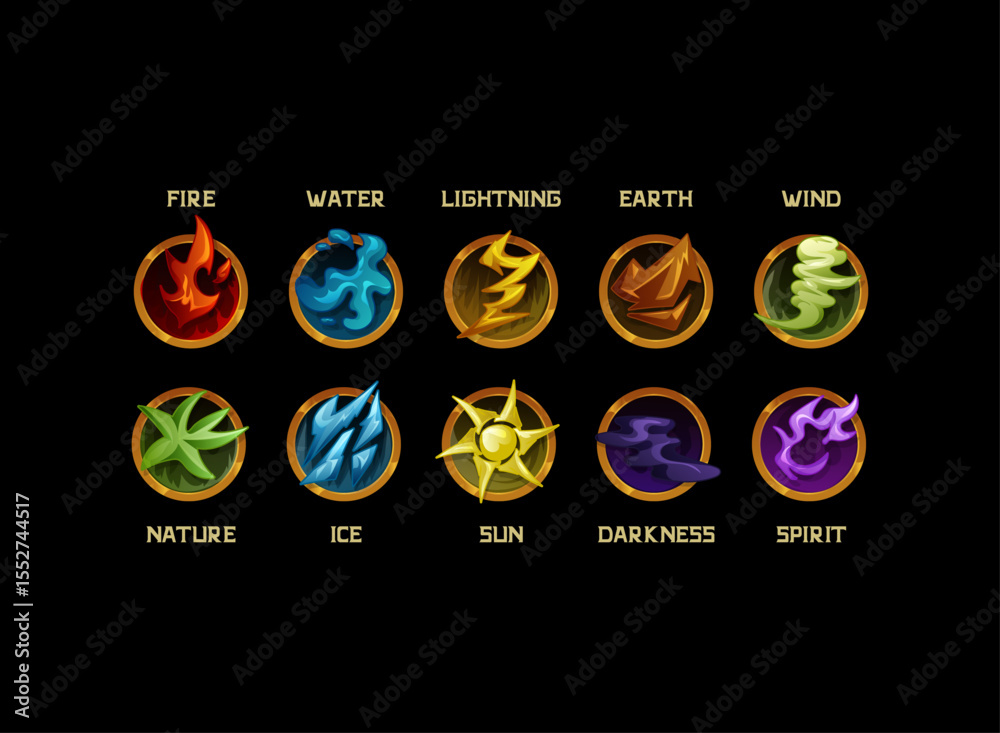 เวกเตอร์ Stock set of fantasy medieval button magic elemental symbol ...