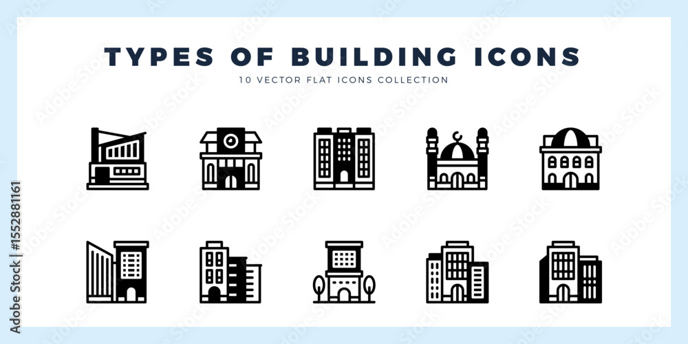 10 Types Of Building Lineal Fill icons pack. vector illustration. Stock ...
