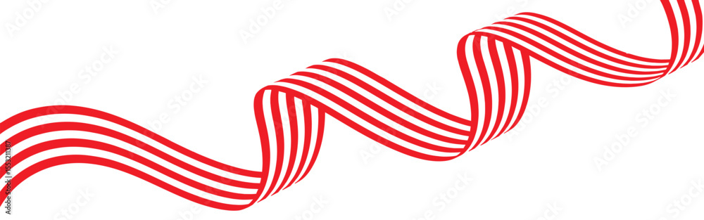 flowing red and white striped ribbon on white background in wave ...