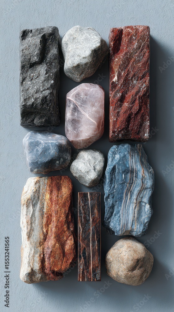 Various types of natural stones arranged on a light textured surface ...