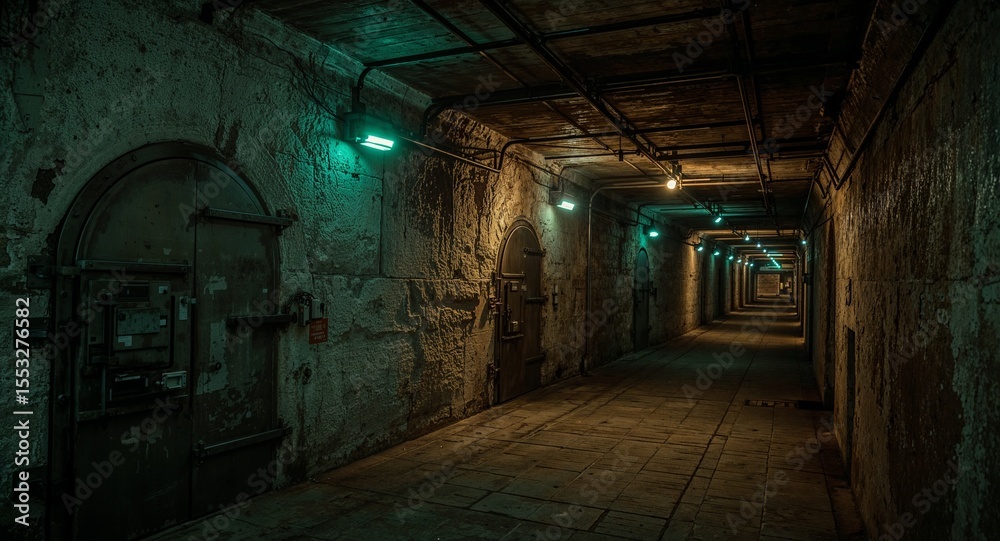 Underground bunker complex with sealed blast doors and flickering ...