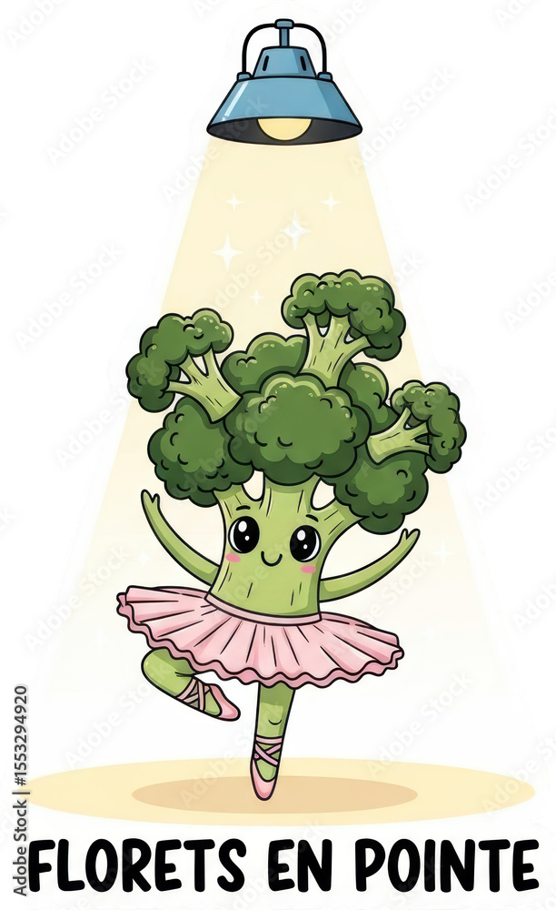 Cartoon broccoli wearing a pink tutu and ballet slippers dancing under ...