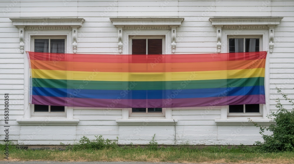 Rainbow pride flag displayed on white building exterior with windows ...