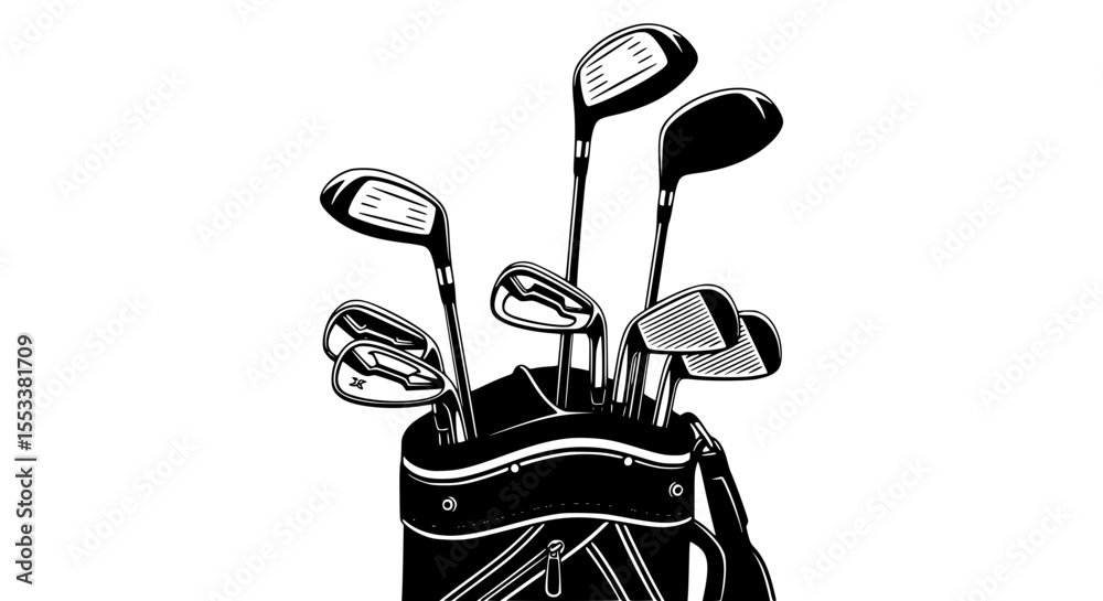 A black and white illustration of a golf bag filled with various golf ...