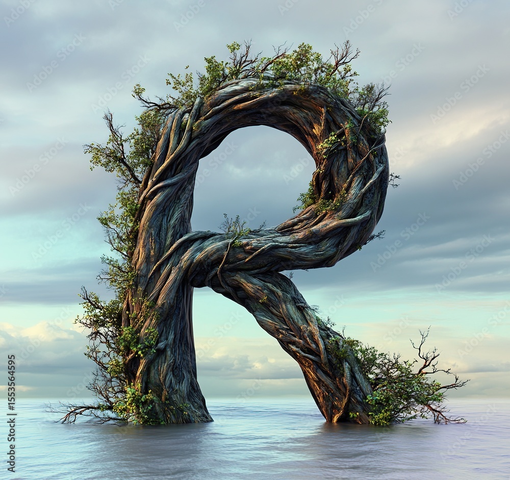 A surreal tree forms the shape of the letter 'R', rising from a body of ...