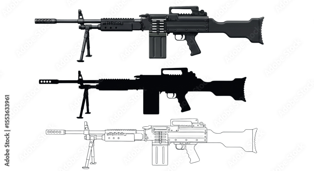 M240 Machine Gun Side View – Realistic, Silhouette, and Line Art Vector ...