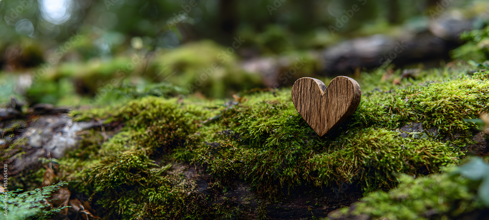 Forest cemetery funeral backdrop with close up of wooden heart on moss ...