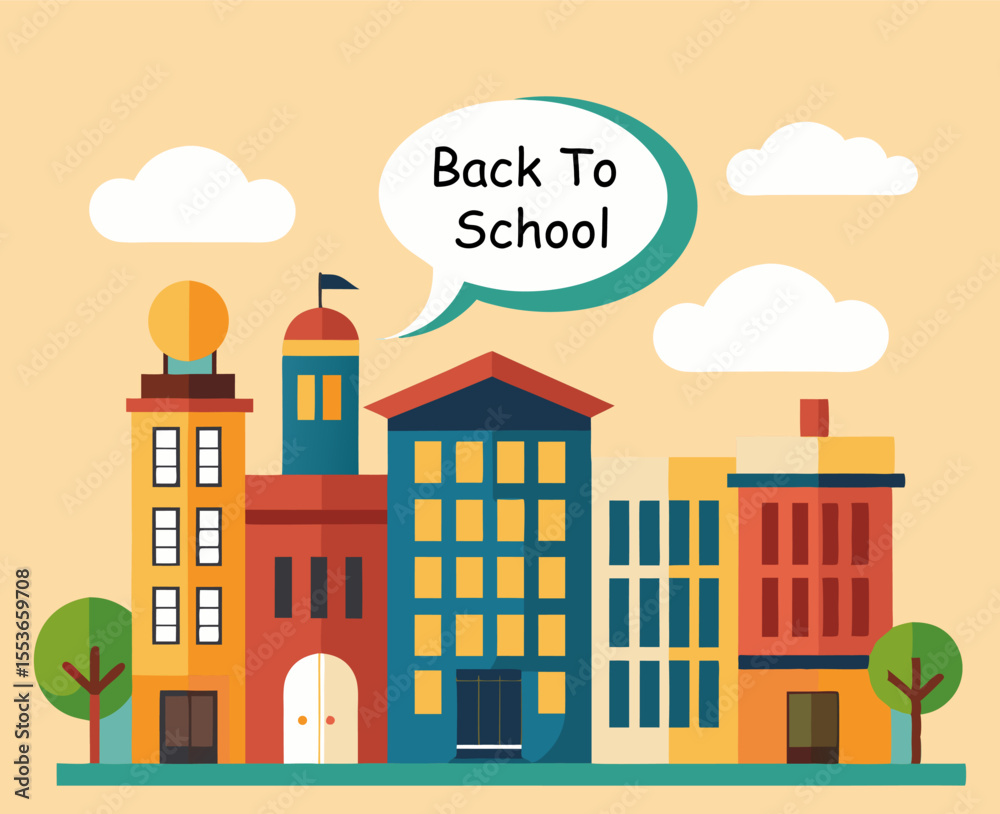 Colorful Cartoon Buildings Announcing Back to School with Speech Bubble ...