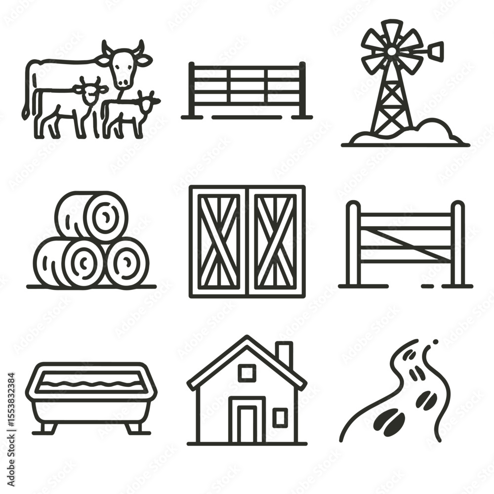 Vektor Ranch Life Icons. Outline style icons of Ranch Life: cattle herd ...
