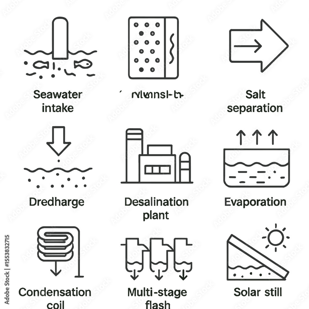 Desalination Process Icons. Outline style icons of Desalination ...