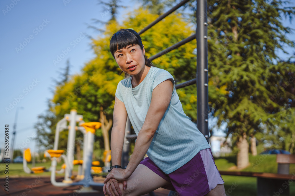 Fit Japanese woman do stretching exercise in park at outdoor open gym ...
