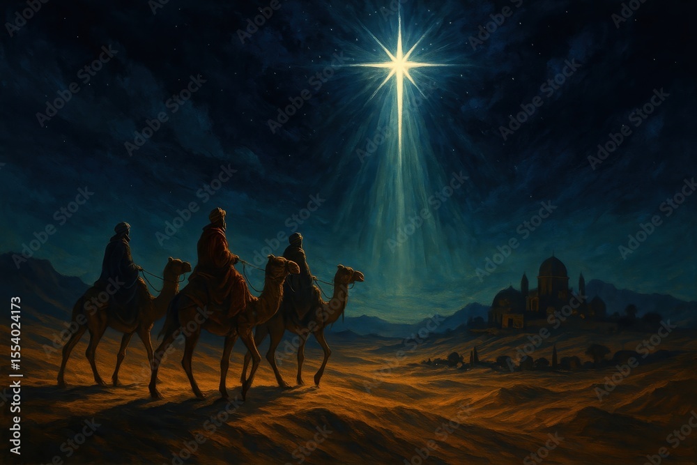 Biblical Christmas Scene - Three Wise Men Following Bright Star Across ...