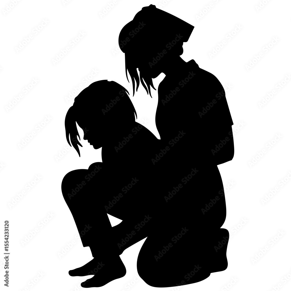 Nurse assisting child with wound care, black and white silhouette Stock ...